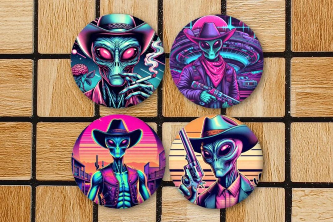 Synthwave Cowboy Alien Magnets or Pinback Button Pins Set of 4 2.25 ...
