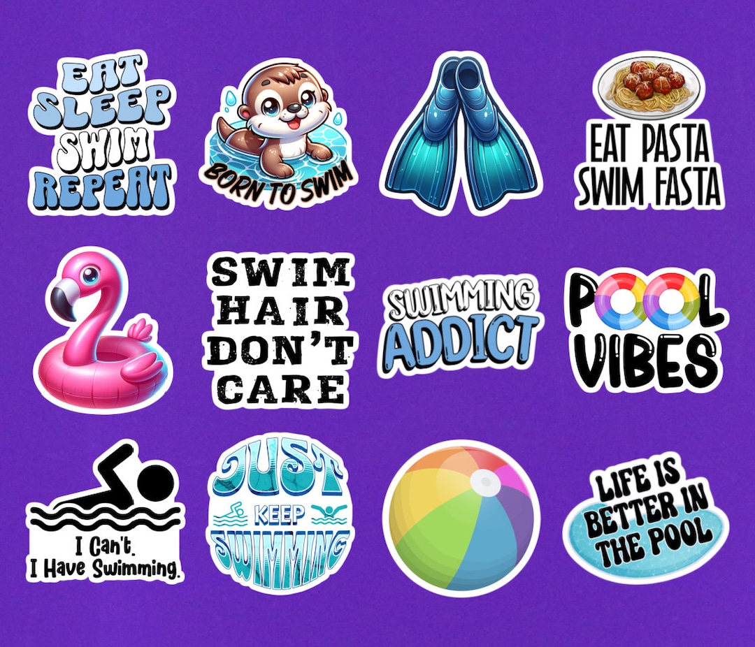 Set of 12 Swimming Stickers 2 Die Cut Sticker Pack Swimming Laptop ...