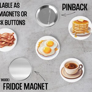 Set of 6 Breakfast Food Magnets or Pinback Button Pins - Kitchen ...