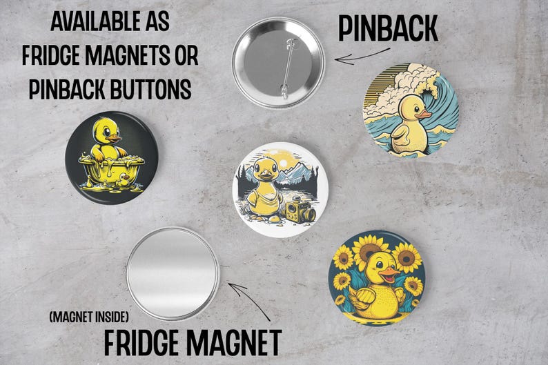 Set of 6 Duck Magnets or Pinback Button Pins - 1.25" - Yellow Rubber ...