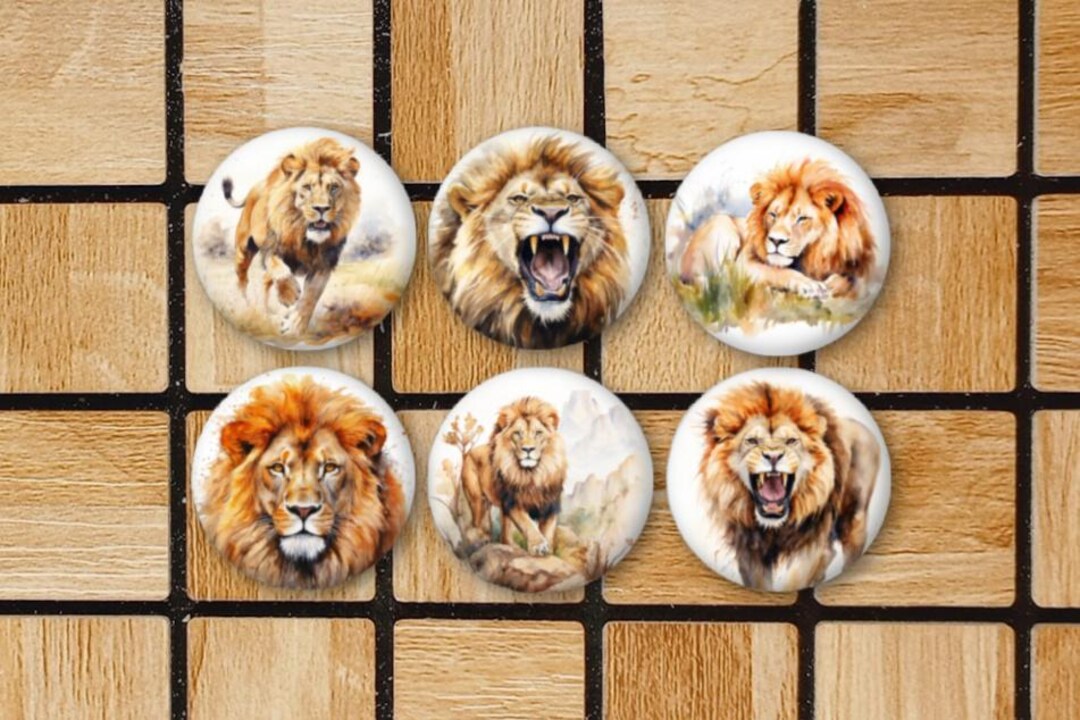 Set of 6 Watercolor Lion Fridge Magnets or Pinback Button Pins 1.25 ...