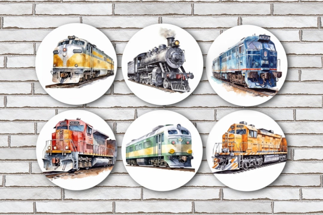 Set of 6 Watercolor Train Fridge Magnets or Pinback Button Pins 1.25 ...