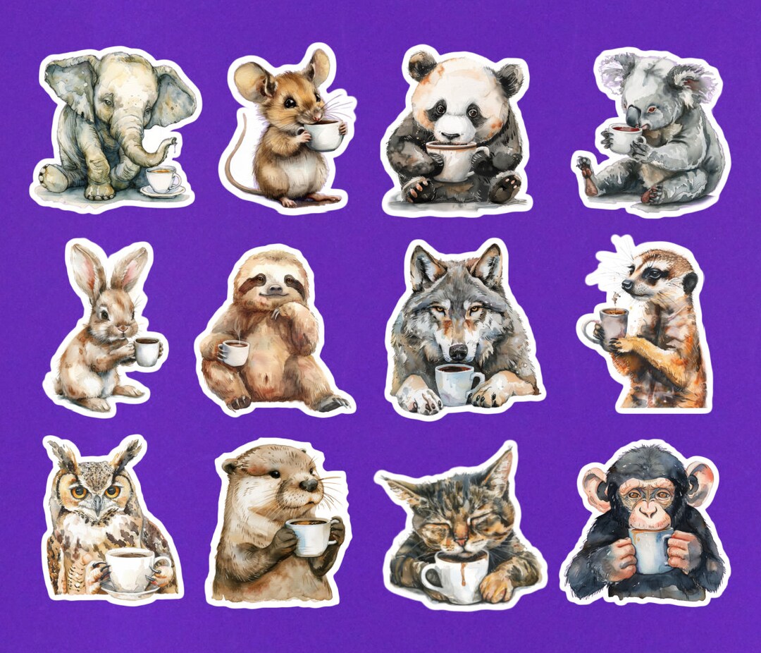 Set of 12 Wild About Coffee Stickers - Watercolor Animal Sticker Pack ...