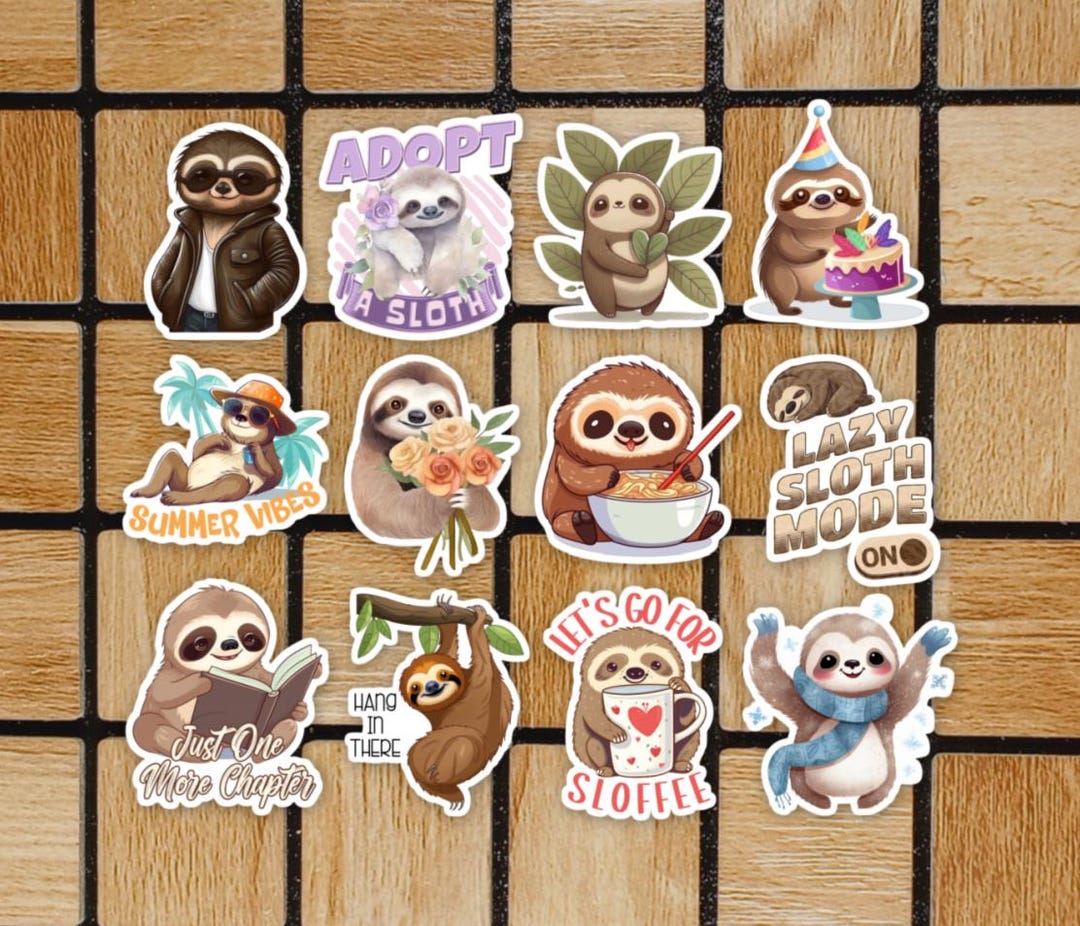 Set of 12 Sloth Stickers - 2" Die Cut Sticker Pack - Cute Animal Laptop ...