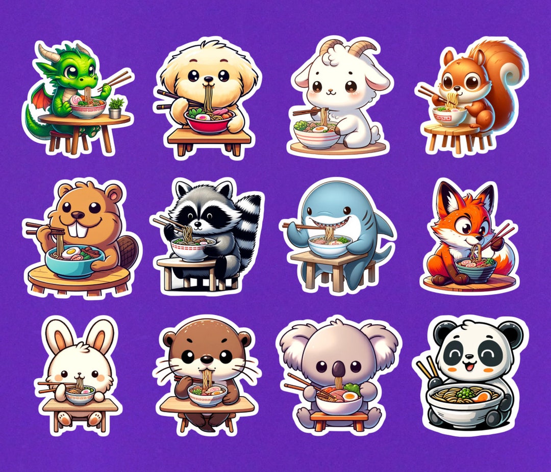 Set of 12 Cute Animals Eating Ramen Stickers - 2" Laptop Stickers Pack ...