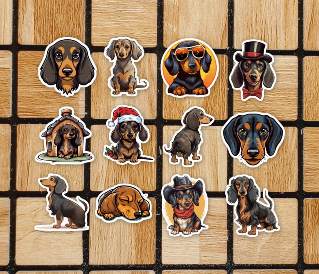 Set of 12 Dachshund Stickers - 2" Die Cut Sticker Pack - Cute Animal ...