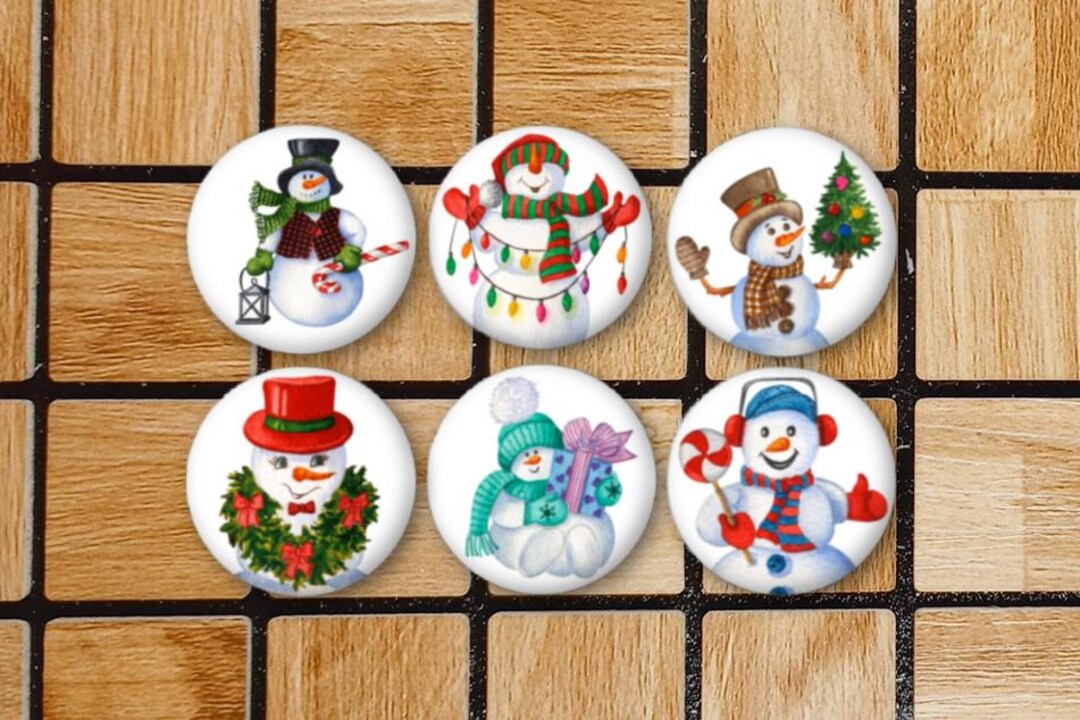 Set of 6 Snowman Fridge Magnets or Pinback Button Pins or Scrapbook ...