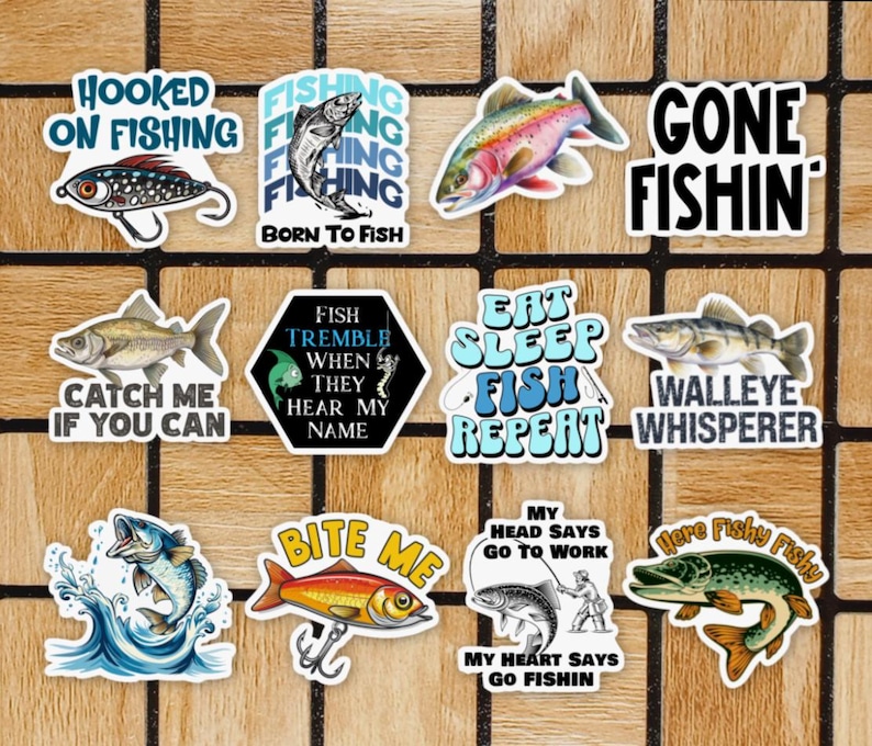 Set of 12 Funny Fishing Stickers Vinyl - 2" Die Cut Fishing Sticker ...