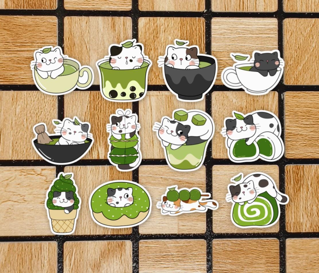 Cats and Matcha Sticker Pack of 12 Stickers 2" on Their Longest Side ...