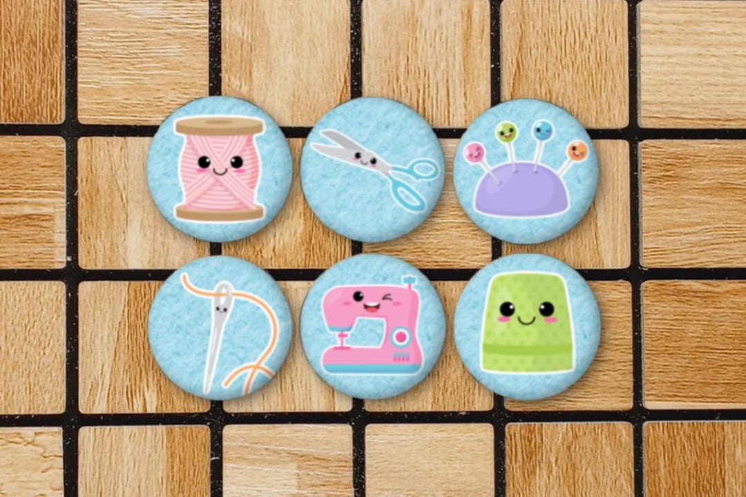 Set of 6 Cute Kawaii Sewing Fridge Magnets or Pinback Button Pins - 1. ...