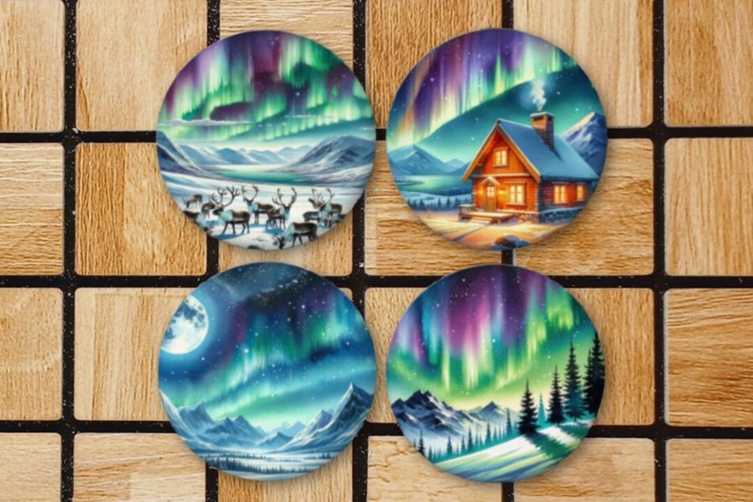 Northern Lights Magnets or Pinback Button Pins - Set of 4 - 2.25" Size ...