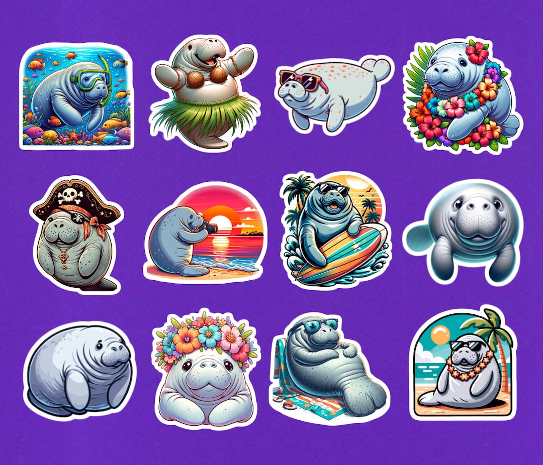 Set of 12 Manatee Stickers 2 Die Cut Manatees Sticker Pack Cute Laptop ...