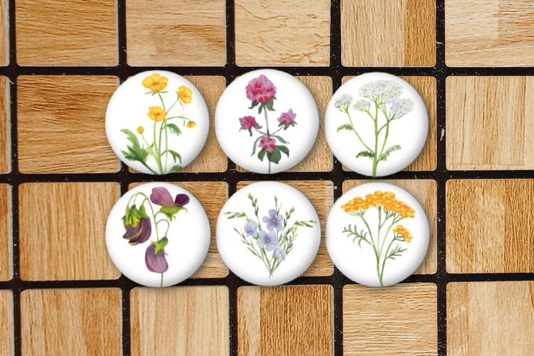 Wildflower Fridge Magnets or Pinback Button Pins Set of 6 in 1.25" Size ...
