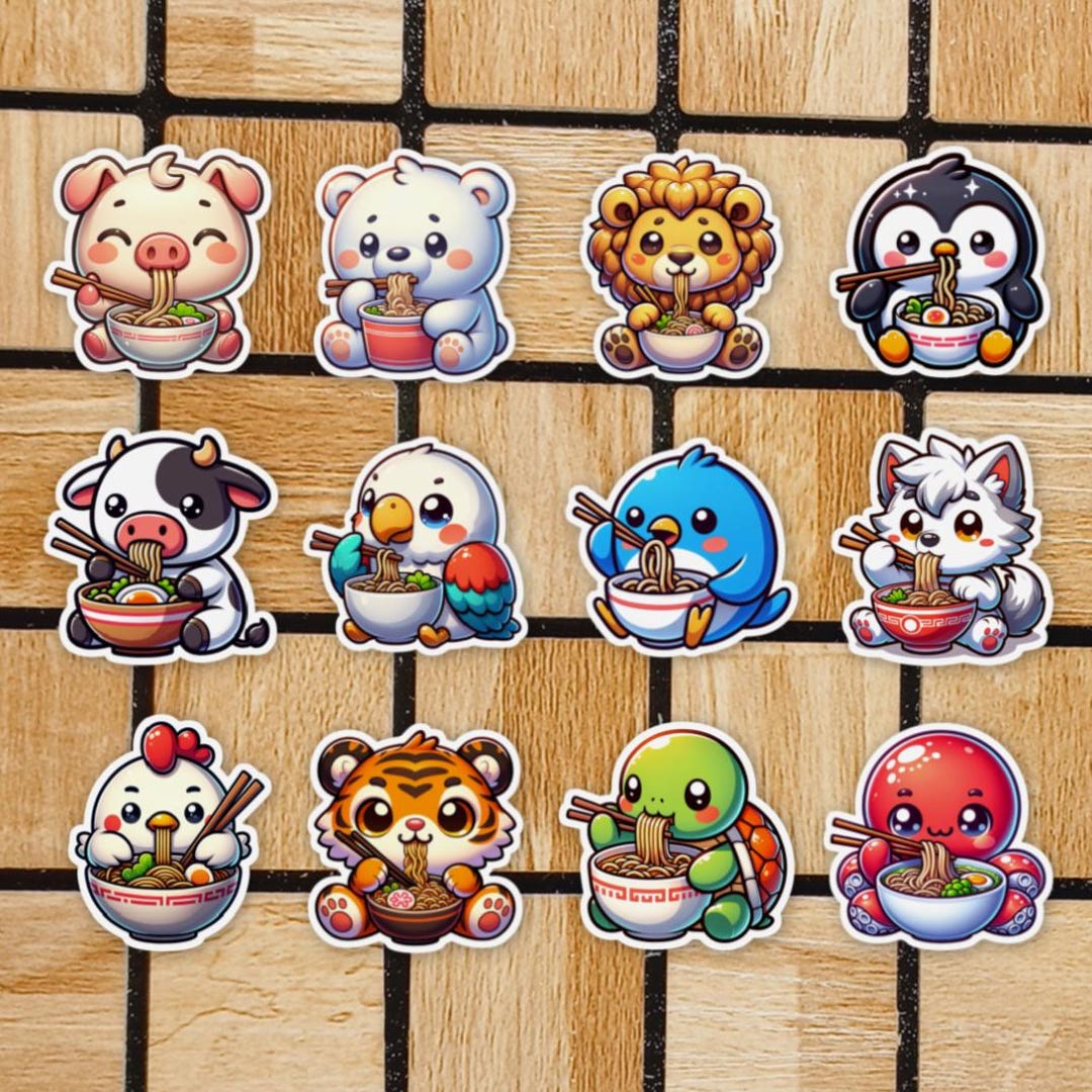 Set of 12 Cute Animals Eating Ramen Stickers - 2" Vinyl Laptop Sticker ...
