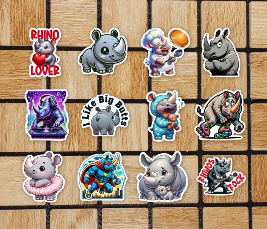 Rhino Sticker Pack of 12 Cute Rhino Stickers - Funny Rhino Decal ...