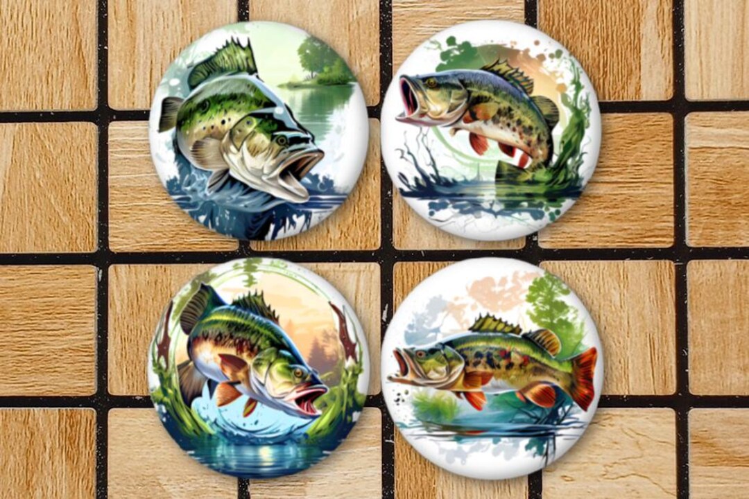 Set of 4 Fishing Magnets or Pinback Button Pins - 2.25" - Fishing Gifts ...