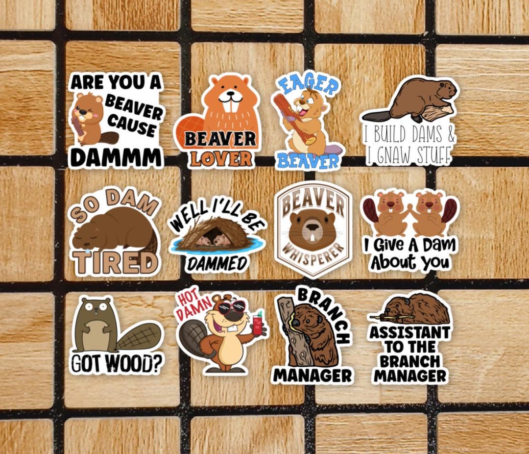 Set of 12 Funny Beaver Stickers Approx 2" on Longest Side Beaver Gift ...