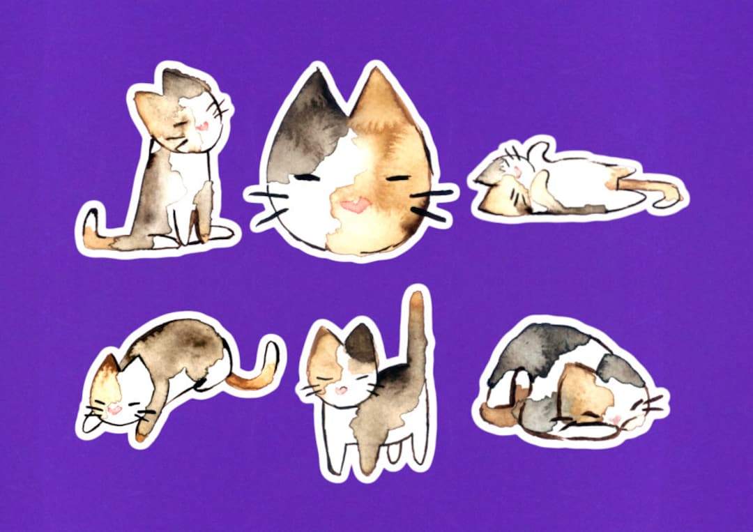 Watercolor Calico Cat Sticker Pack Set of 6 Mini Stickers 2 Calico Cat ...