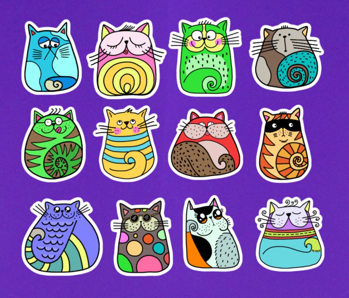 Colorful & Quirky Cat Stickers Set Of 12 Sticker Pack 2 | Etsy