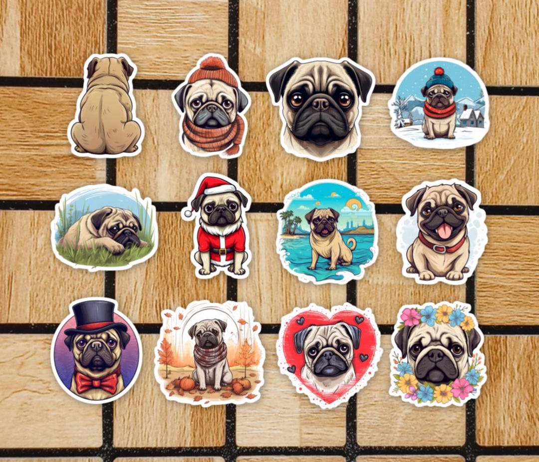 Set of 12 Pug Stickers - 2" Die Cut Sticker Packs - Cute Animal Laptop ...
