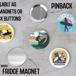 Set of 6 Surfing Fridge Magnets or Pinback Buttons or Scrapbook Flair 1 ...