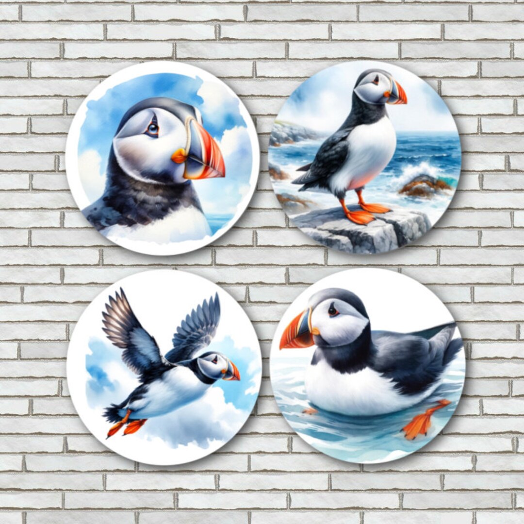 Set of 4 Watercolor Puffin Magnets or Pinback Button Pins 2.25 Cute ...