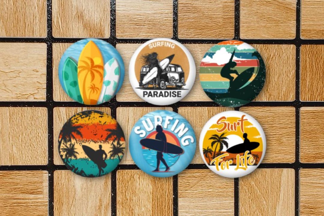 Set of 6 Surfing Fridge Magnets or Pinback Buttons or Scrapbook Flair 1 ...