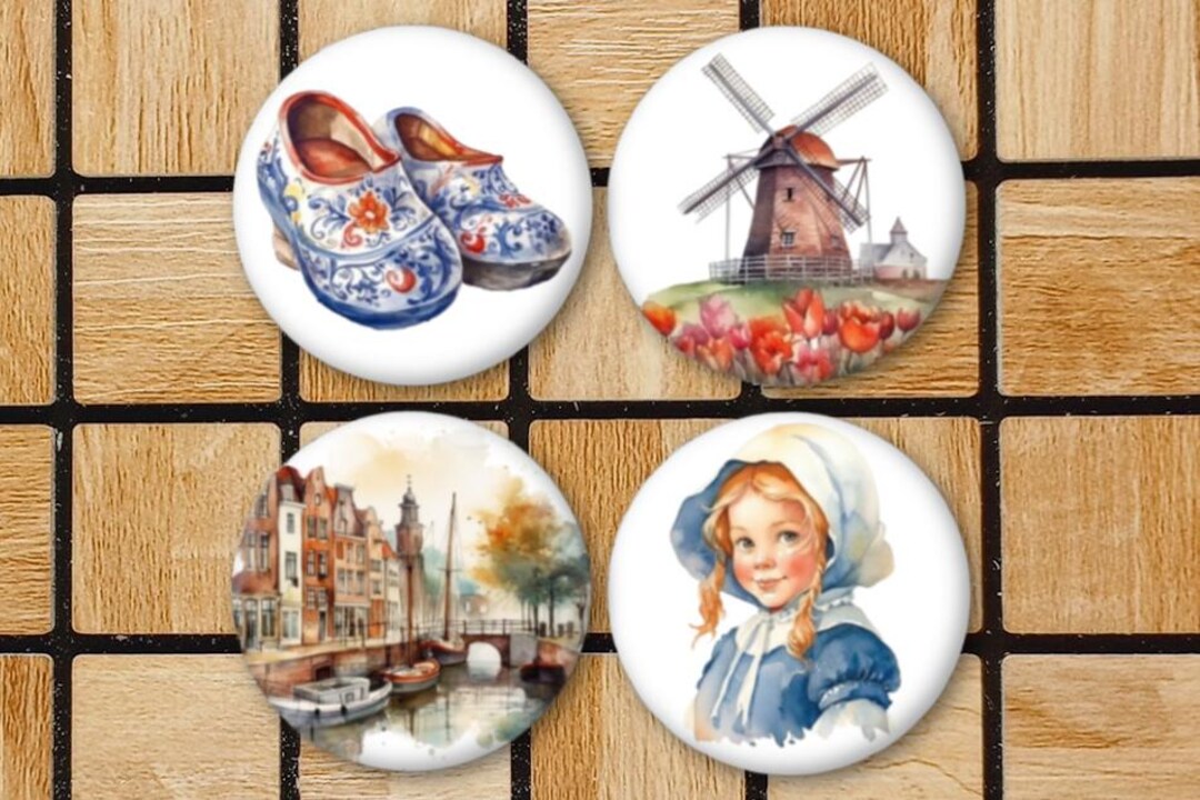 Set of 4 Holland Theme Magnets or Pinback Button Pins - 2.25" - Dutch ...