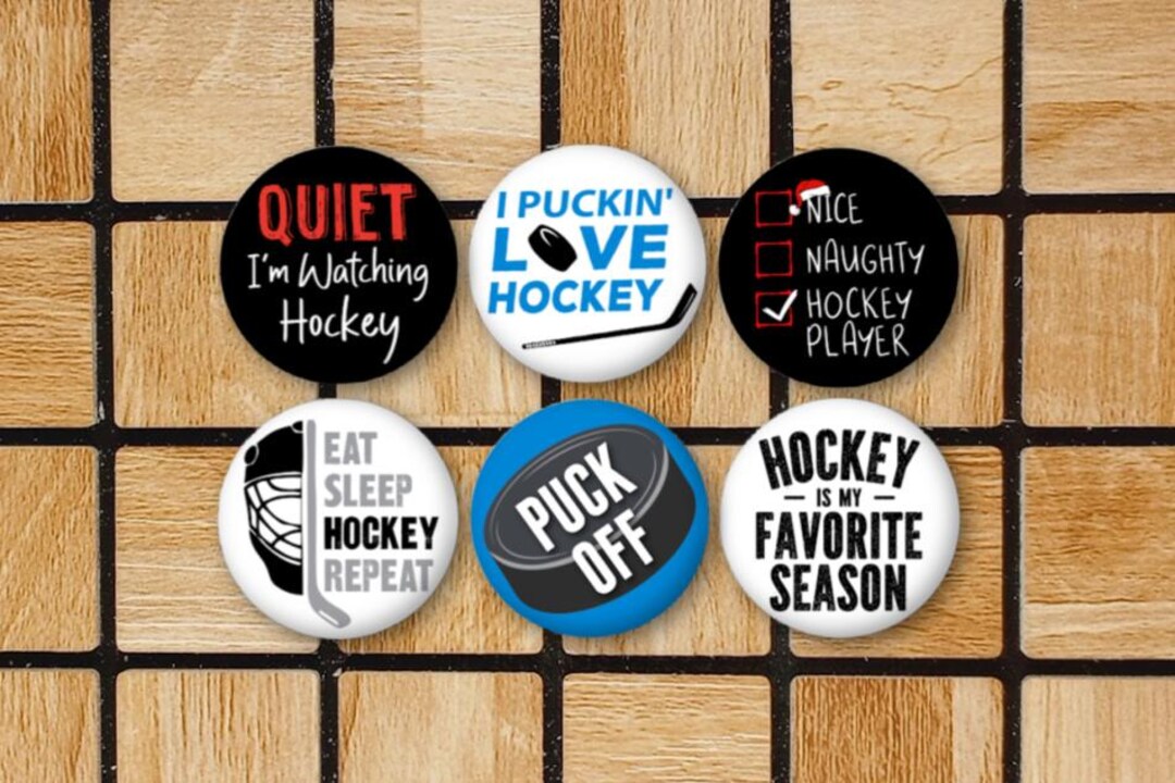 Set of 6 Hockey Magnets or Pinback Buttons or Scrapbook Flair Ice ...