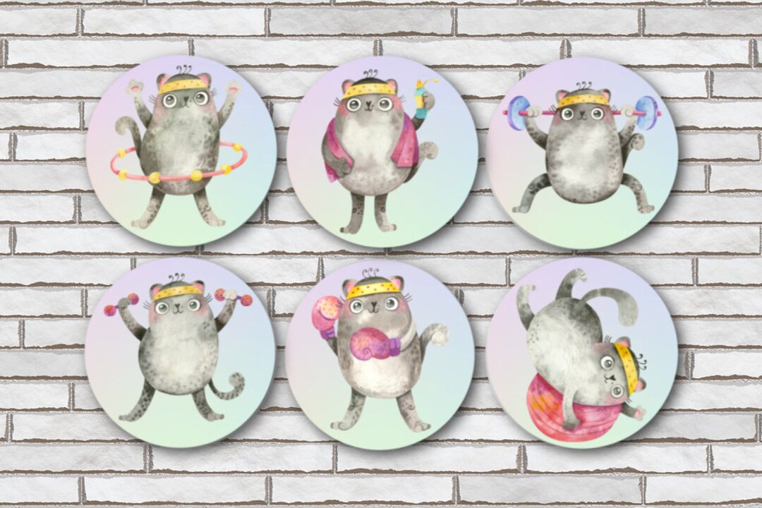 Set of 6 Exercise Gym Cat Fridge Magnets or Button Pins cat Art Cat ...