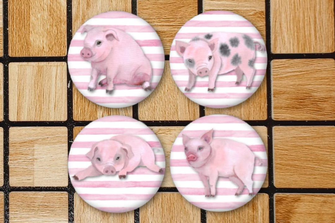 Set of 4 Pink Pig Fridge Magnets or Pinback Buttons LARGE 2.25" Size ...