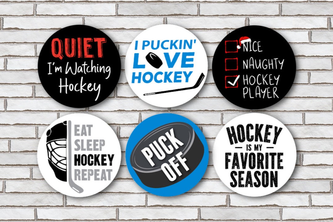 Set of 6 Hockey Magnets or Pinback Buttons or Scrapbook Flair Ice ...