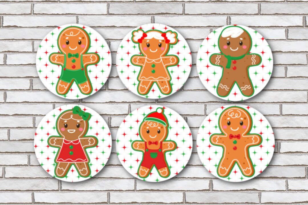 Set of 6 Christmas Gingerbread Man Magnets or Pinback Button Pins 1.25 ...
