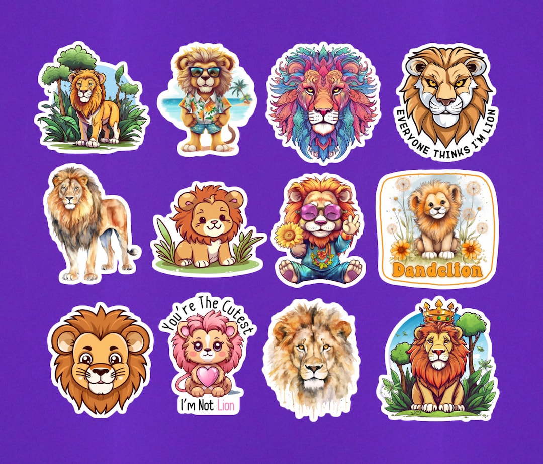 Set of 12 Lion Stickers / 2 Die Cut Stickers / Cool Lion Sticker Pack ...