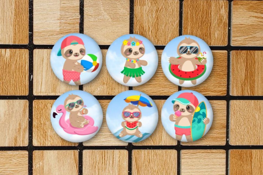 Set of 6 Cute Summer Cartoon Sloth Magnets or Pinback Buttons Pins or ...