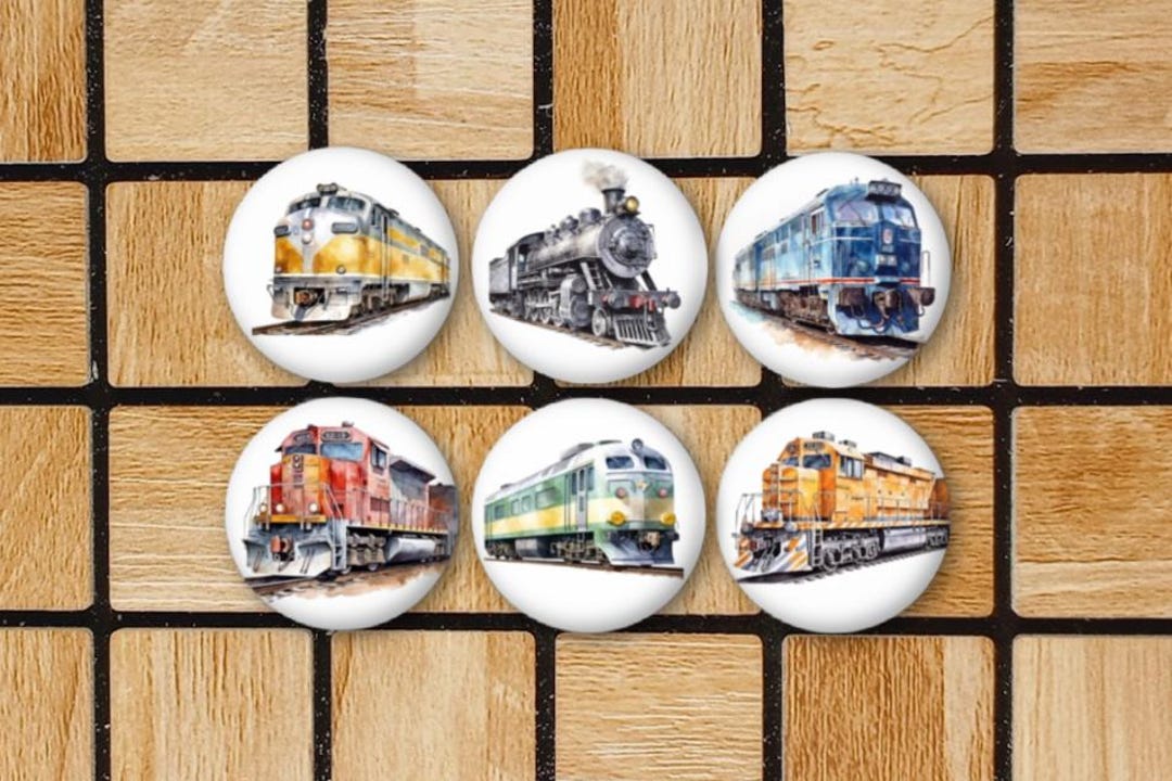 Set of 6 Watercolor Train Fridge Magnets or Pinback Button Pins - 1.25 ...