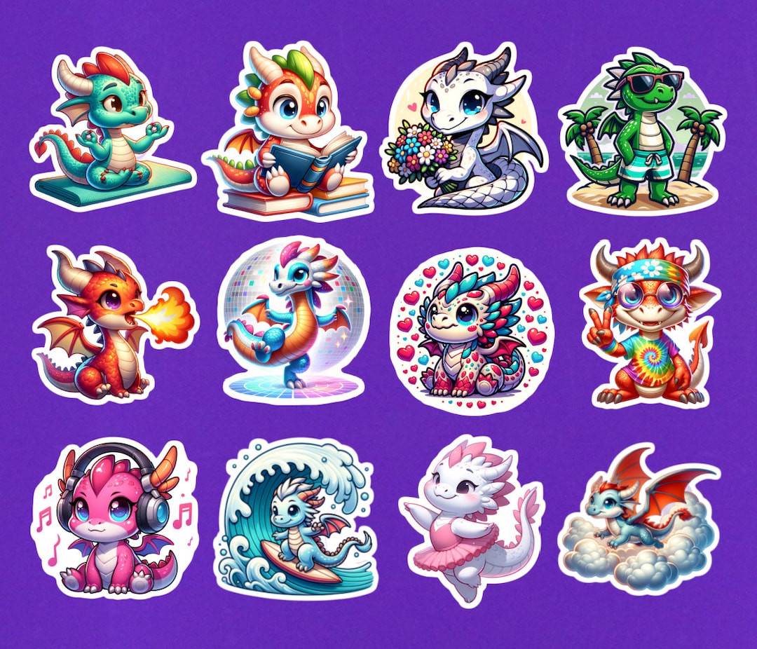 Set of 12 Dragon Stickers 2 Die Cut Dragons Sticker Pack Animal Laptop ...