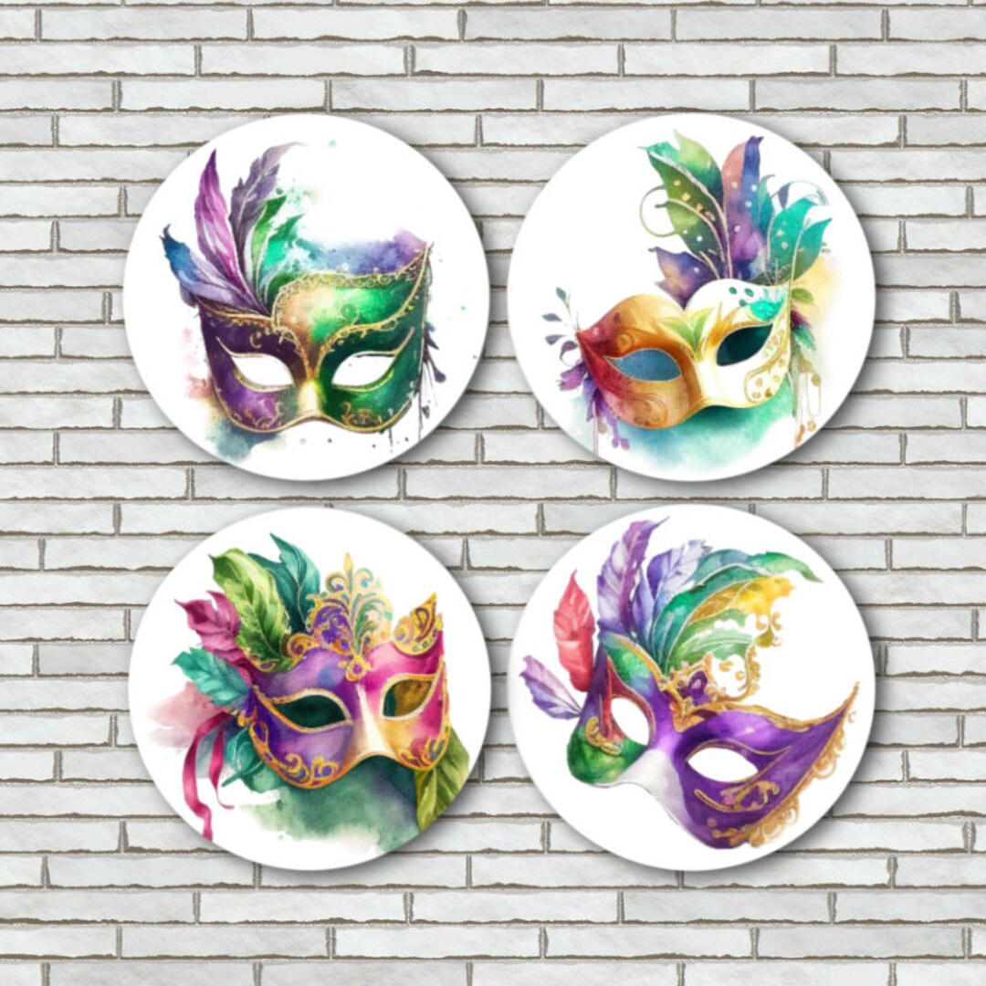 Set of 4 Mardi Gras Mask Magnets or Pinback Buttons 2.25 Cute Mardi ...