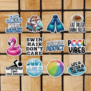 Set of 12 Swimming Stickers - 2" Die Cut Sticker Pack - Swimming Laptop ...