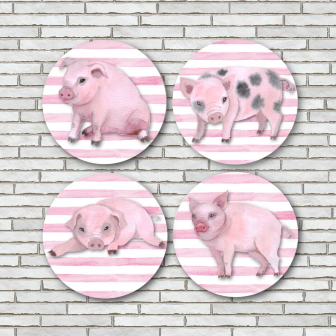 Set of 4 Pink Pig Fridge Magnets or Pinback Buttons LARGE 2.25 Size Pig ...