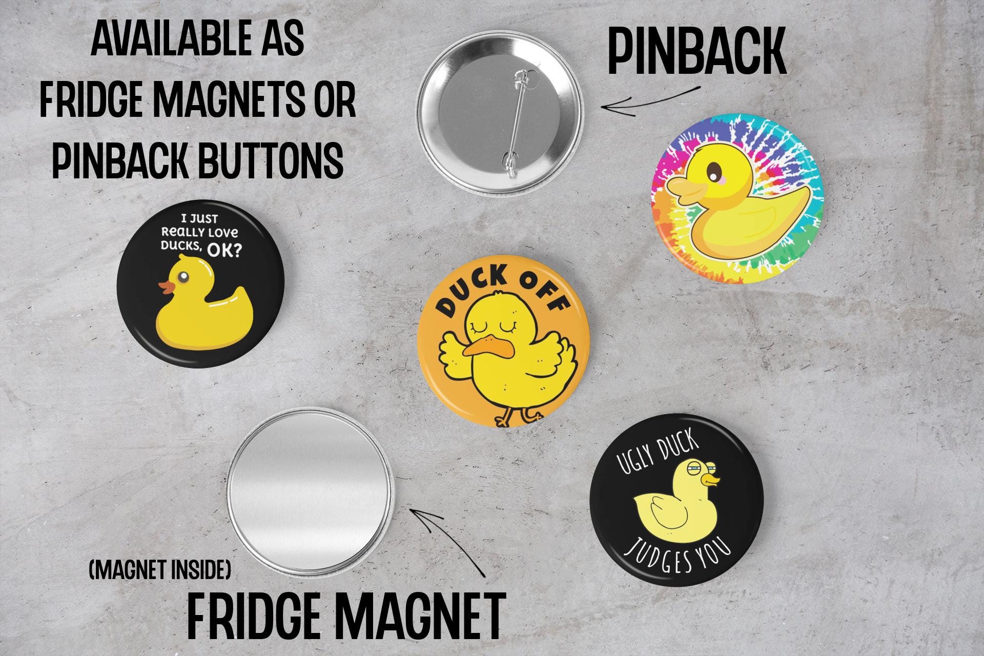 Set of 6 Funny Duck Duckling Pinback Buttons, Fridge Magnets or ...