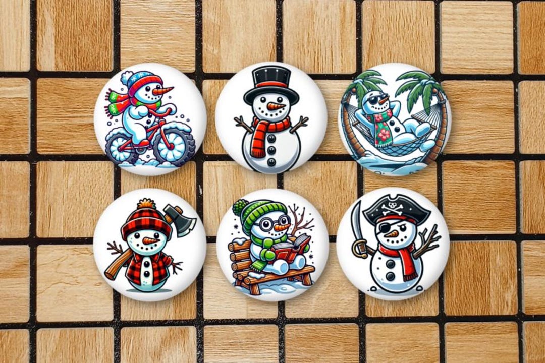 Set of 6 Snowman Fridge Magnets or Pinback Button Pins or Scrapbook ...