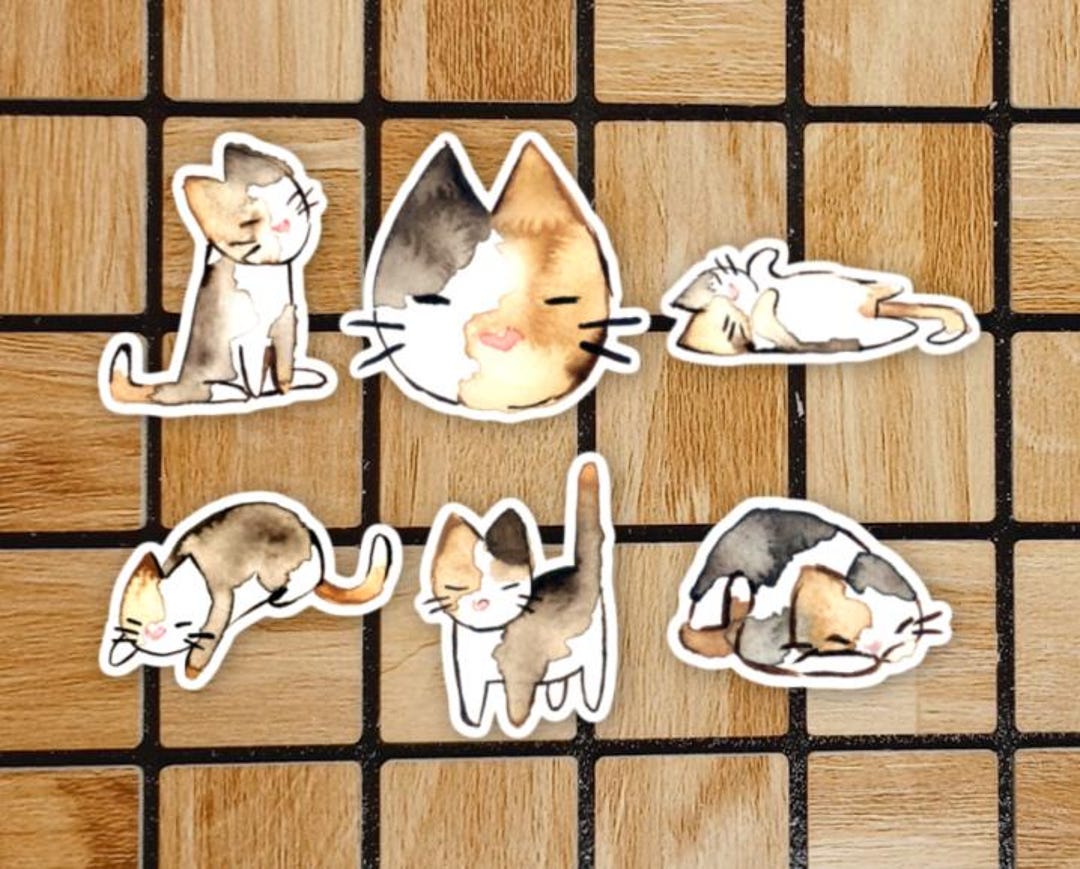 Watercolor Calico Cat Sticker Pack Set of 6 Mini Stickers 2" Calico Cat ...