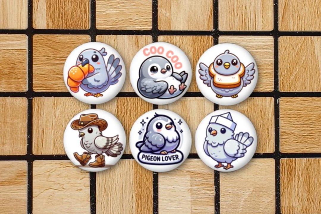 Set of 6 Pigeon Fridge Magnets or Pinback Buttons - 1.25" - Cute Pigeon ...