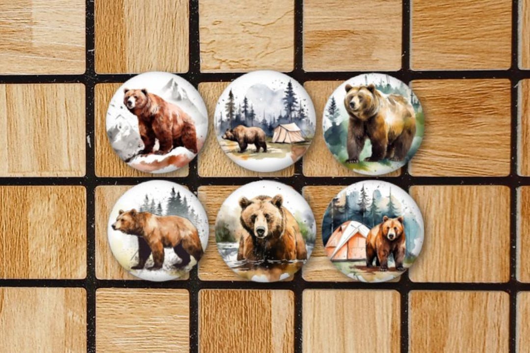 Set of 6 Watercolor Grizzly Bear Fridge Magnets or Pinback Button Pins ...