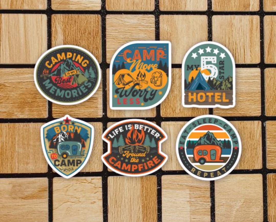 Set Of 6 Vintage Style Camping Sticker Pack 3 Die Cut Stickers Laptop ...