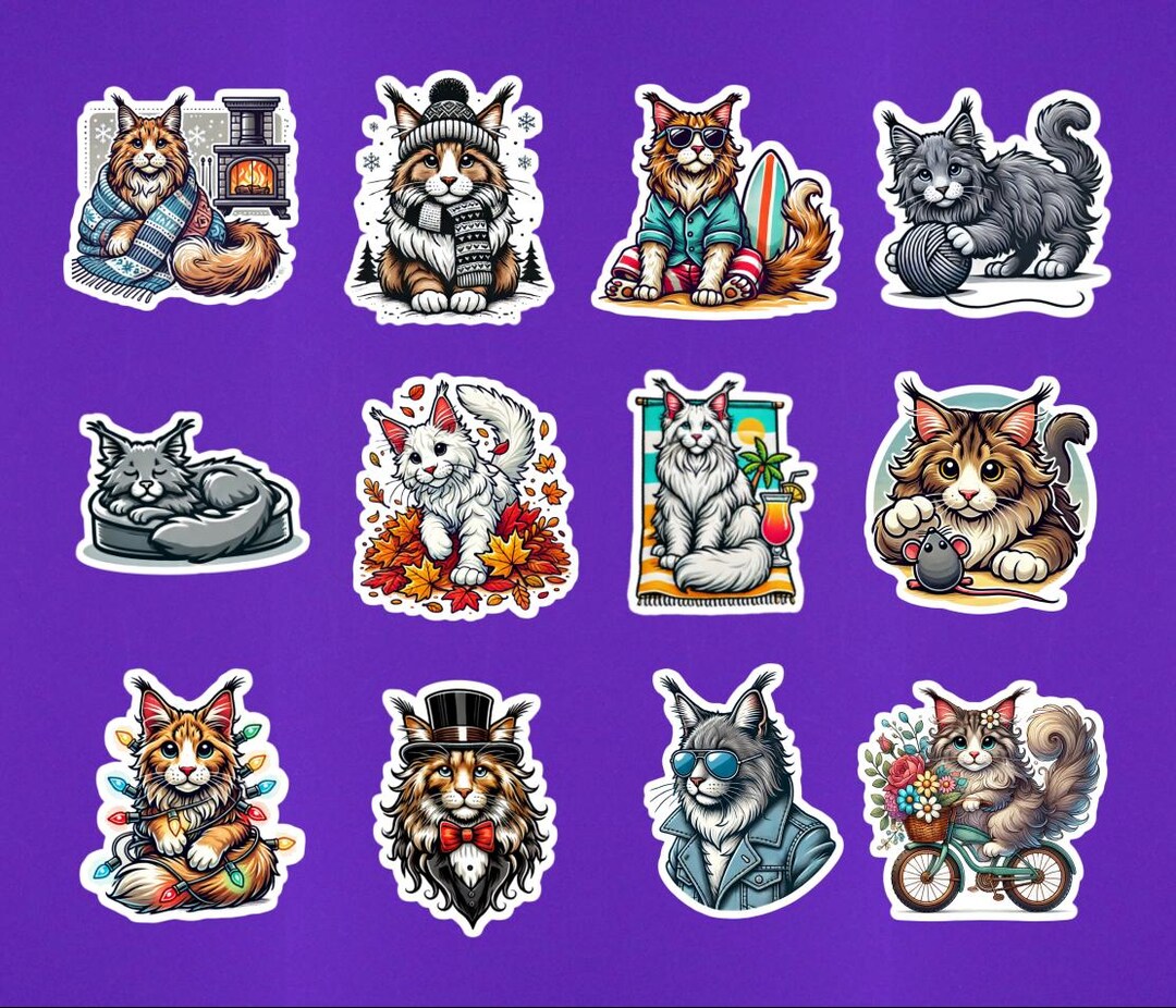 Maine Coon Cat Sticker Pack - Set of 12 Mini 2" Die Cut Stickers ...