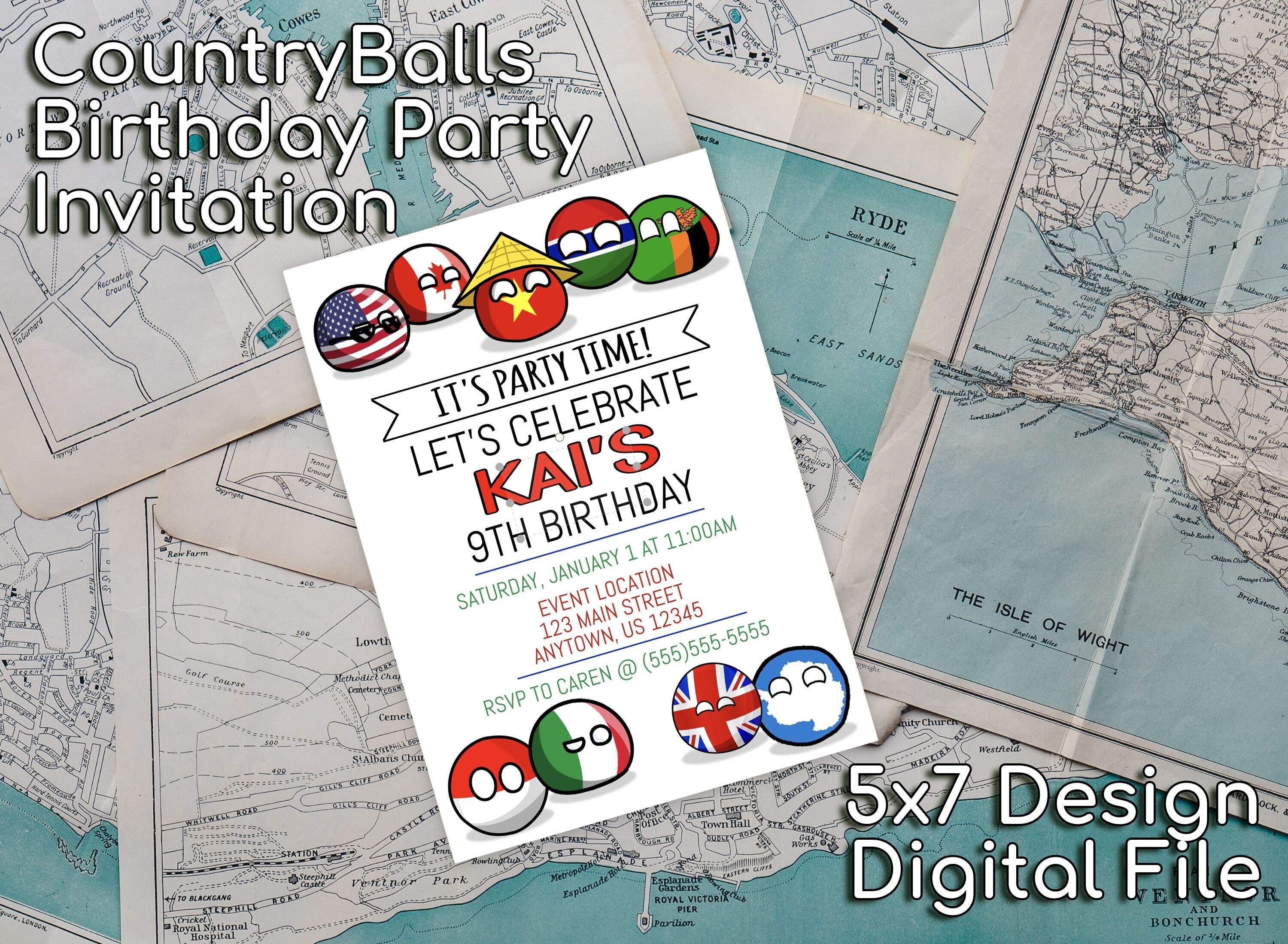 Editable Countryballs Birthday Invitation 5x7 Digital Invite File Edit ...