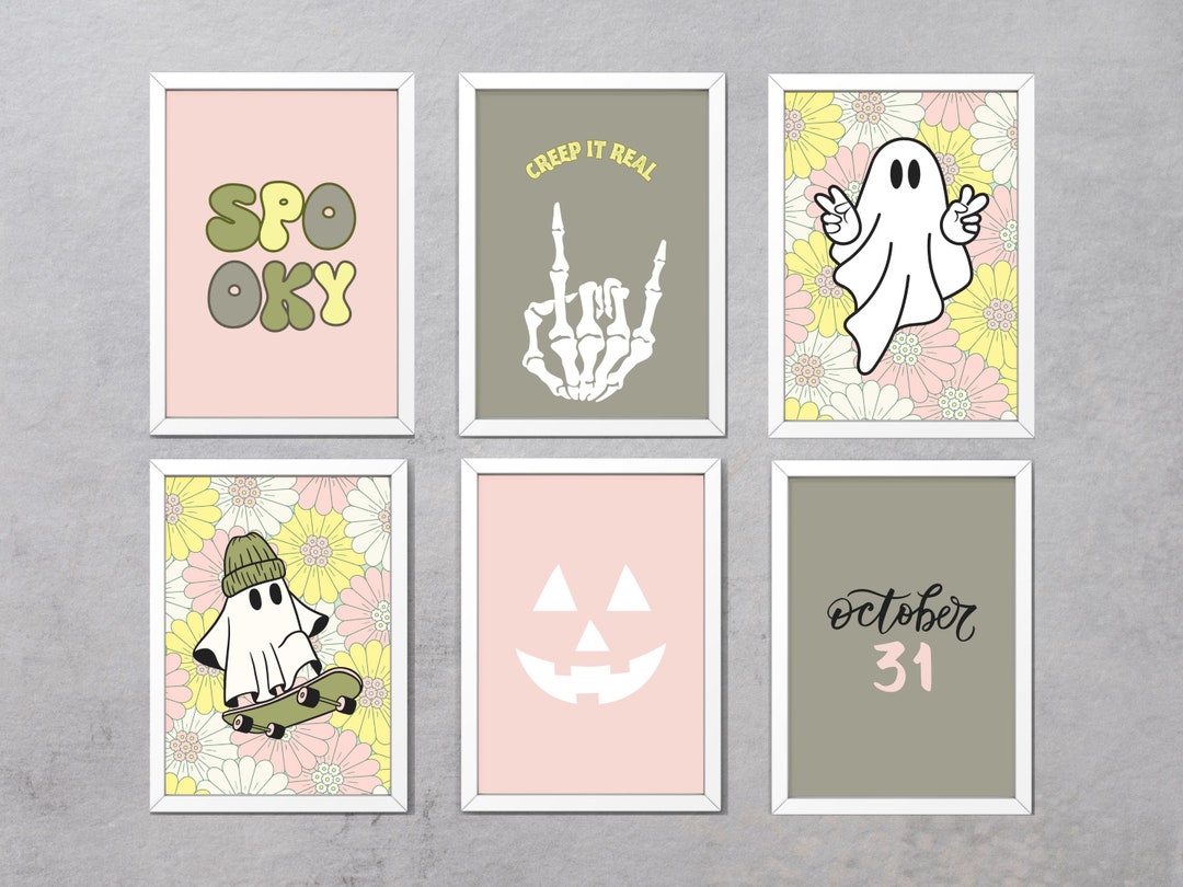 Retro Pink Halloween Wall Art Prints, Cute Ghost Decor, Printable ...
