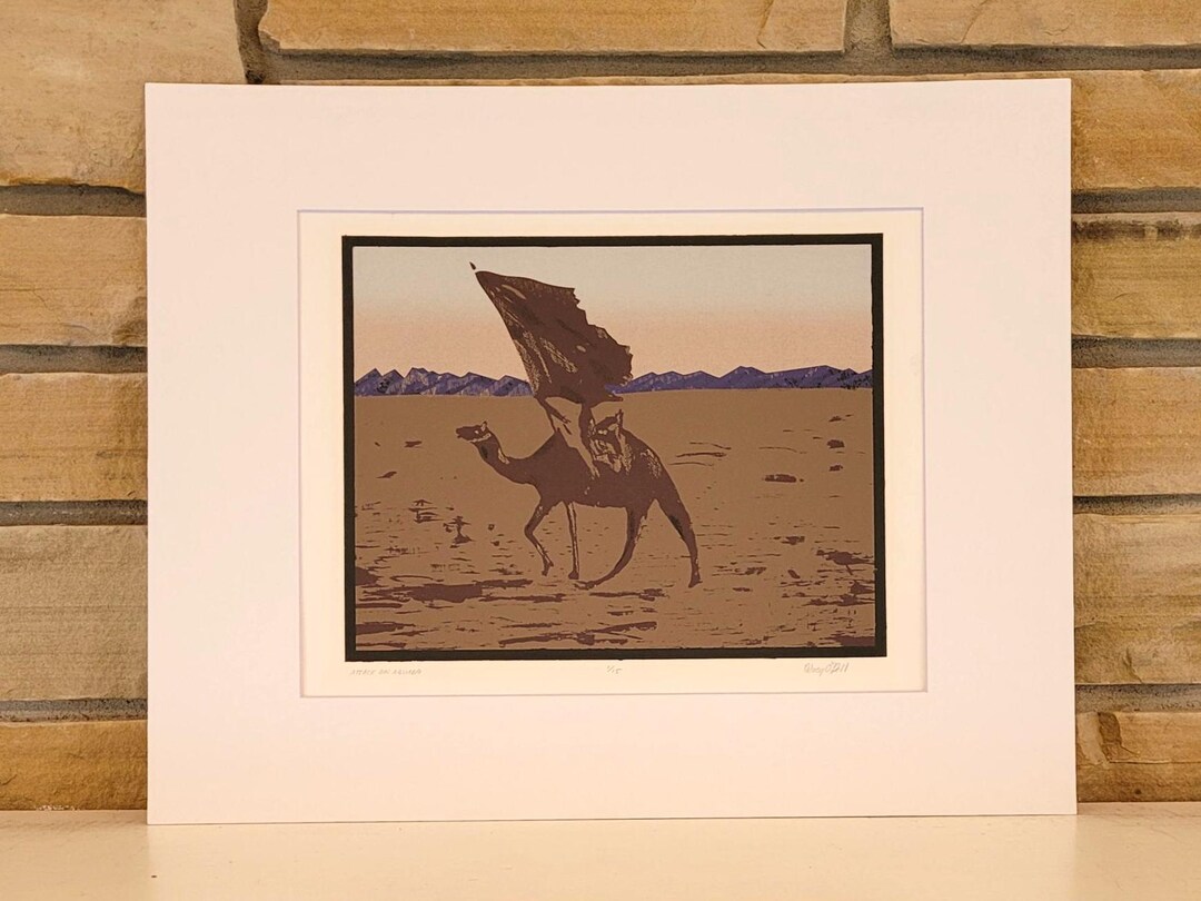 Vintage Serigraph of Battle of Aqaba World War 1; Flagbearer on Camel ...
